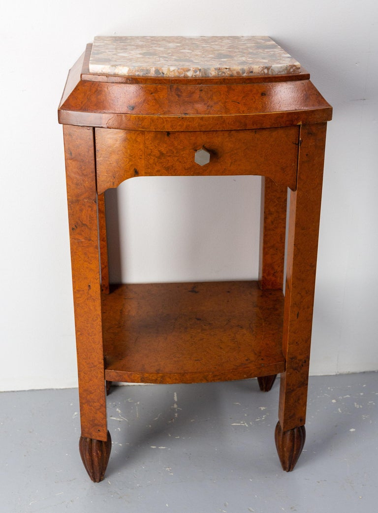 French Bedside Table Thuya Burl and Marble Top Nightstand Art Deco ...