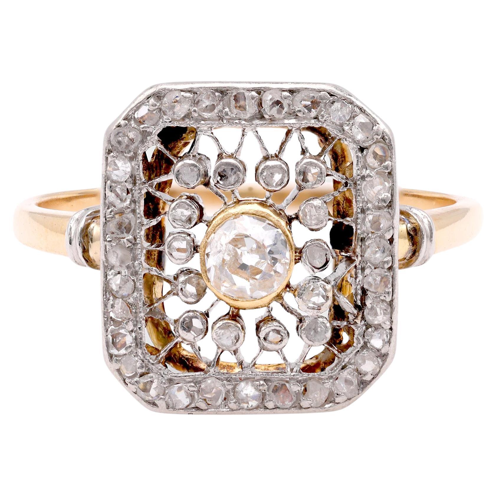 French Belle Époque Diamond 18K Yellow Gold and Platinum Ring For Sale ...