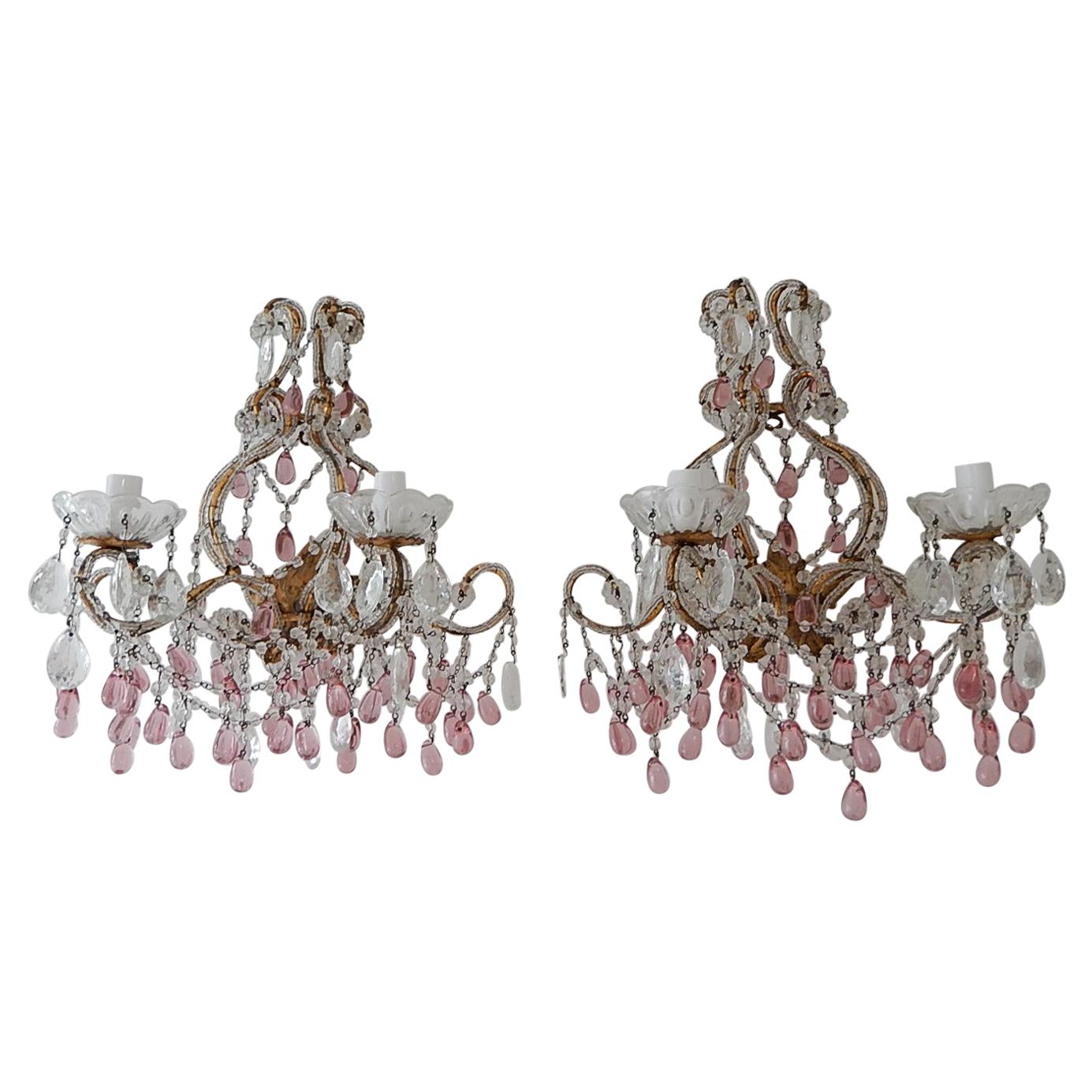 1920 French Green Murano Drops Beaded Swags Giltwood Sconces For Sale ...