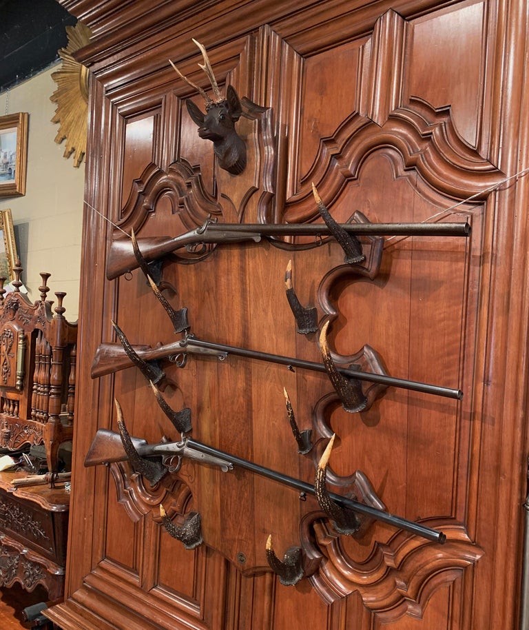 French Black Forest Carved Gun or Coat Rack with Horns and Deer Head ...