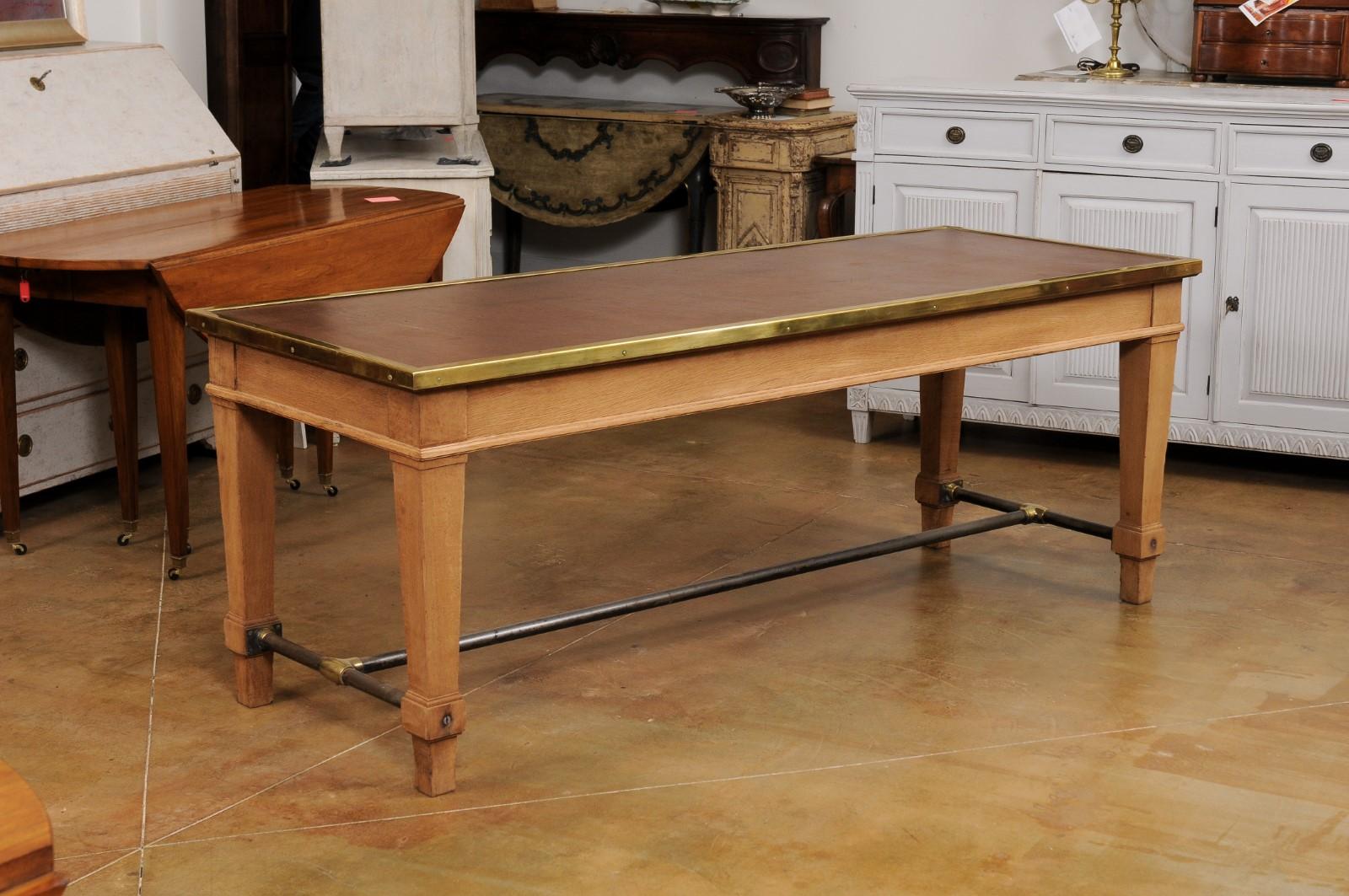 French Bleached Oak Sofa Table with Leather Top, Brass Trim and Cross ...
