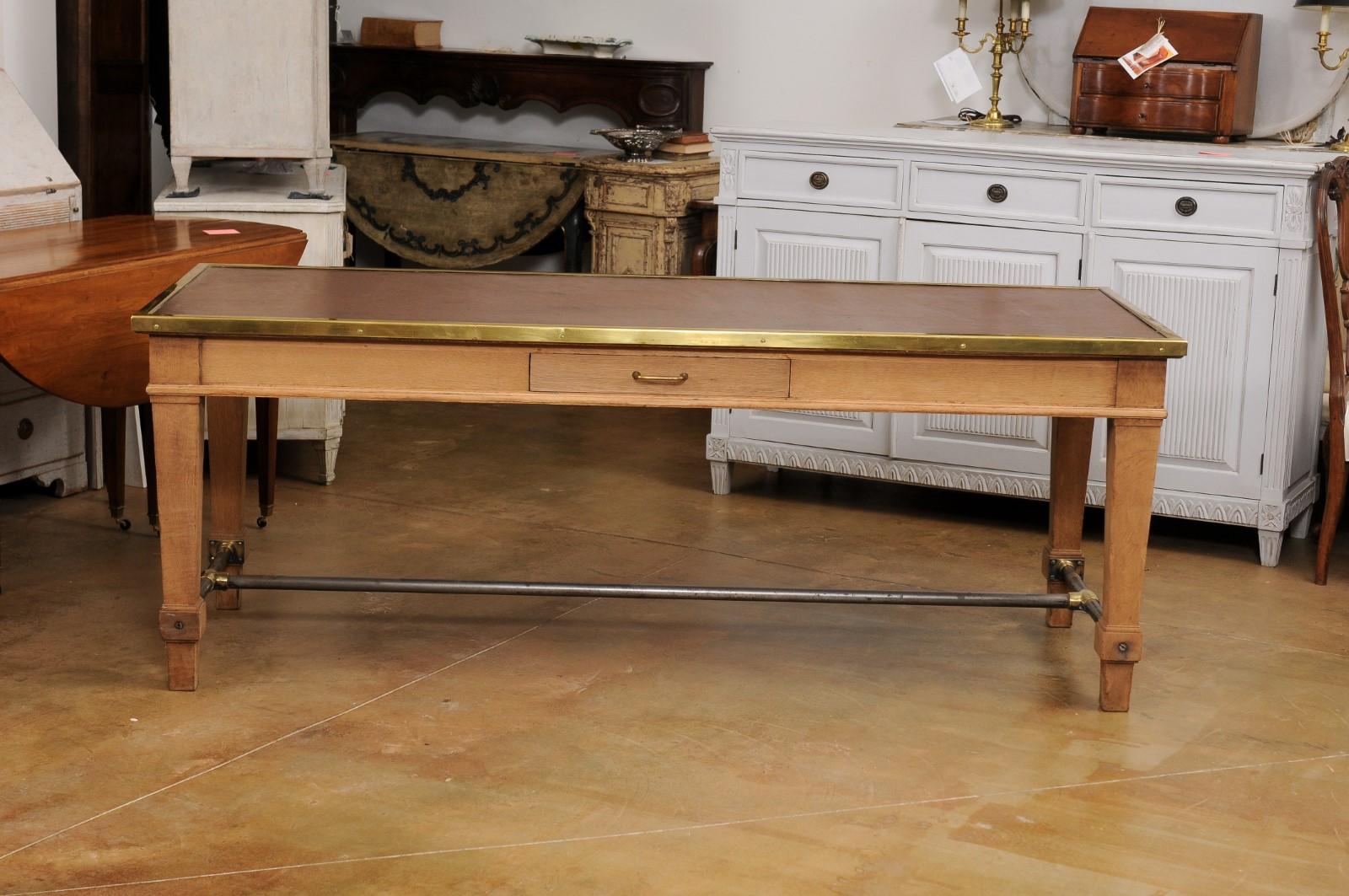 French Bleached Oak Sofa Table with Leather Top, Brass Trim and Cross ...