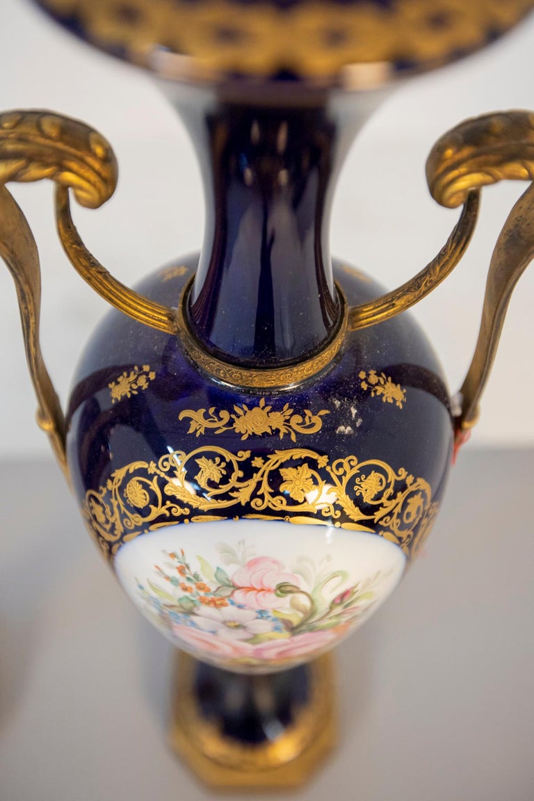French Blue Ceramic Decorative Vases with Floral Motifs For Sale at 1stDibs