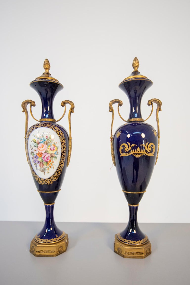 French Blue Ceramic Decorative Vases with Floral Motifs For Sale at 1stDibs