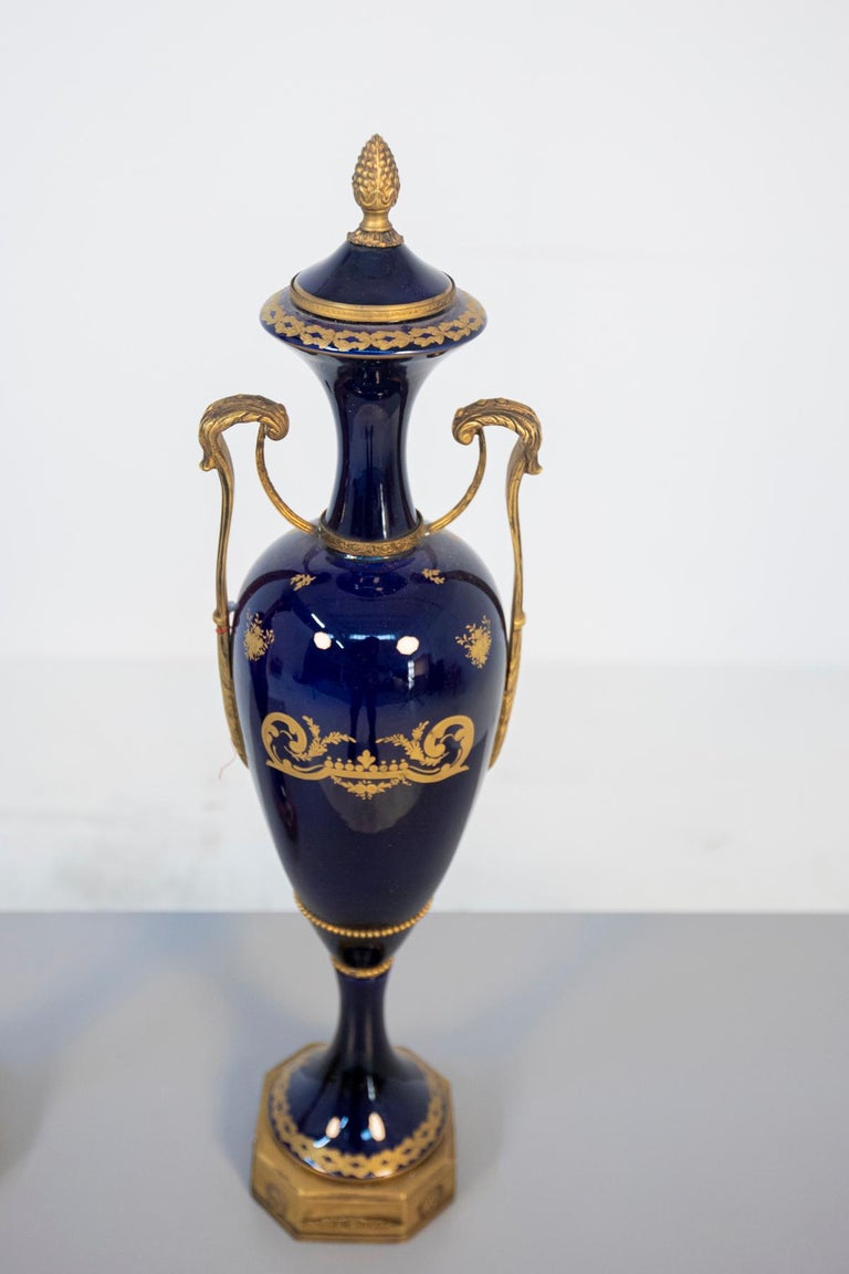 French Blue Ceramic Decorative Vases with Floral Motifs For Sale at 1stDibs