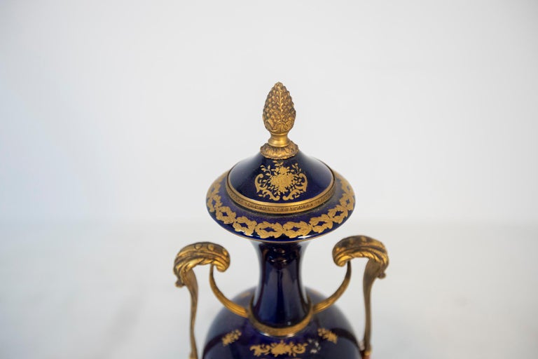 French Blue Ceramic Decorative Vases with Floral Motifs For Sale at 1stDibs