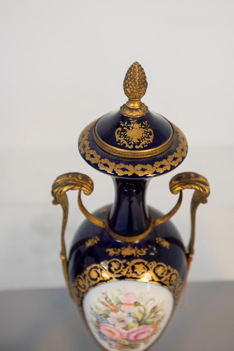 French Blue Ceramic Decorative Vases with Floral Motifs For Sale at 1stDibs