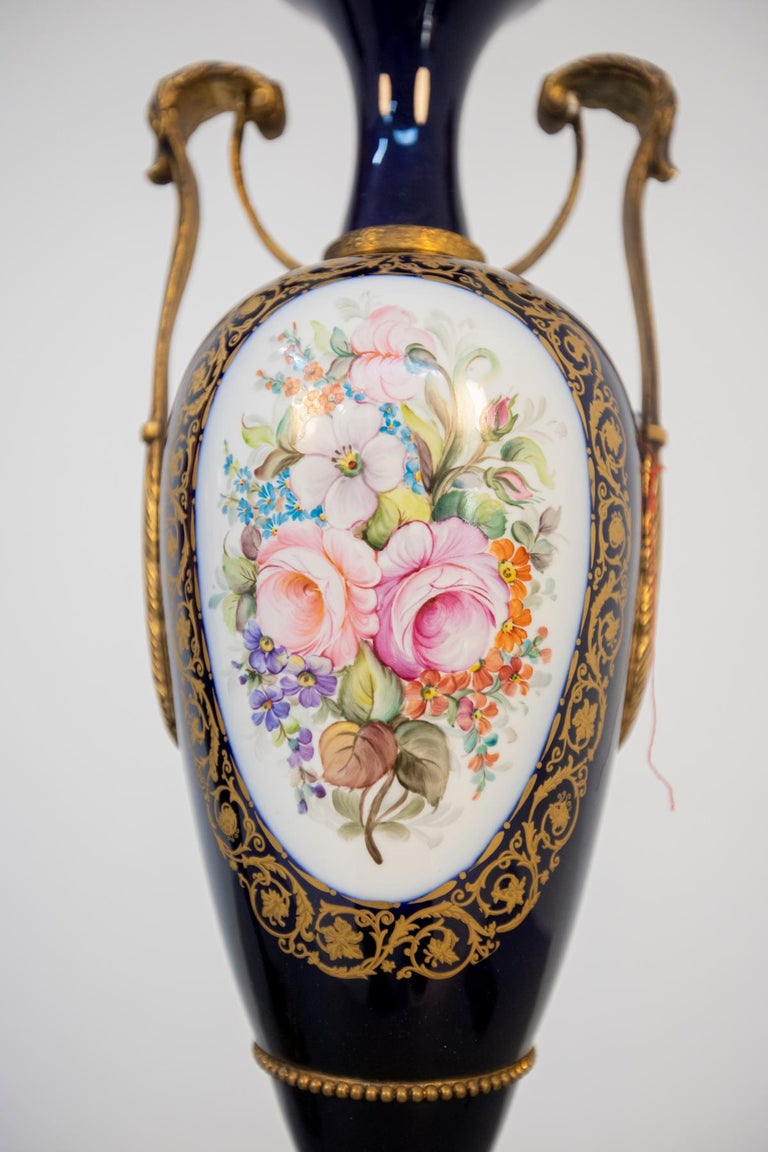 French Blue Ceramic Decorative Vases with Floral Motifs For Sale at 1stDibs