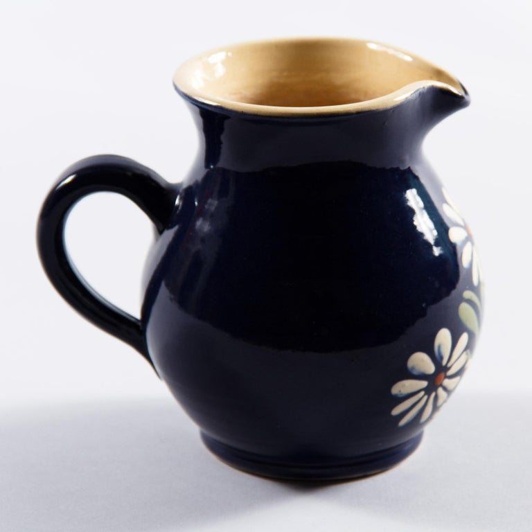 French Blue Ceramic Pitcher with Flowers, 1930s at 1stDibs