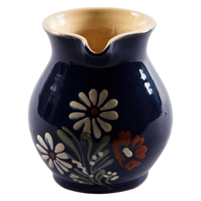 French Blue Ceramic Pitcher with Flowers, 1930s at 1stDibs