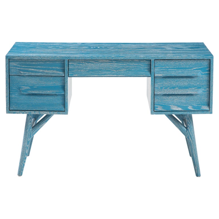 French Blue Cerused Oak Moderne Desk For Sale at 1stDibs