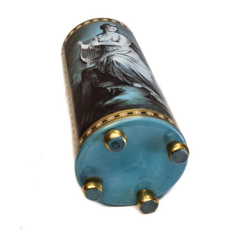 French Blue Opaline Art Glass Painted Enamel Vase, Beauty with Harp ...