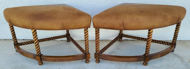 French Boho Sectional Ottoman Barley Twist Leather Foot Stools For Sale ...