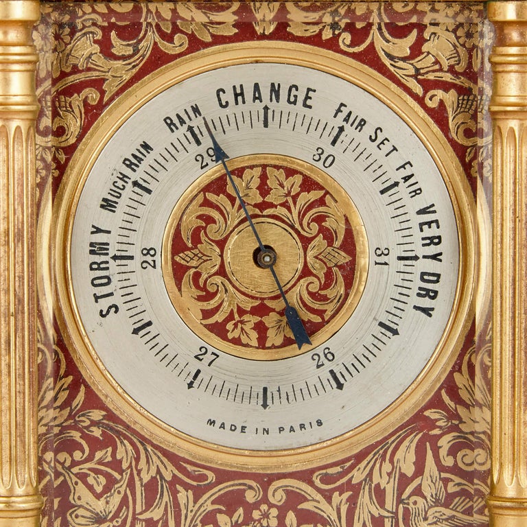 French brass and red enamel compendium carriage clock and barometer For ...