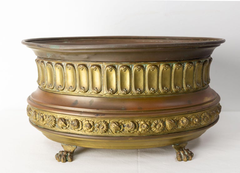 French Brass Centerpiece Jardiniere, Roses and Lion Paws, Art Nouveau ...