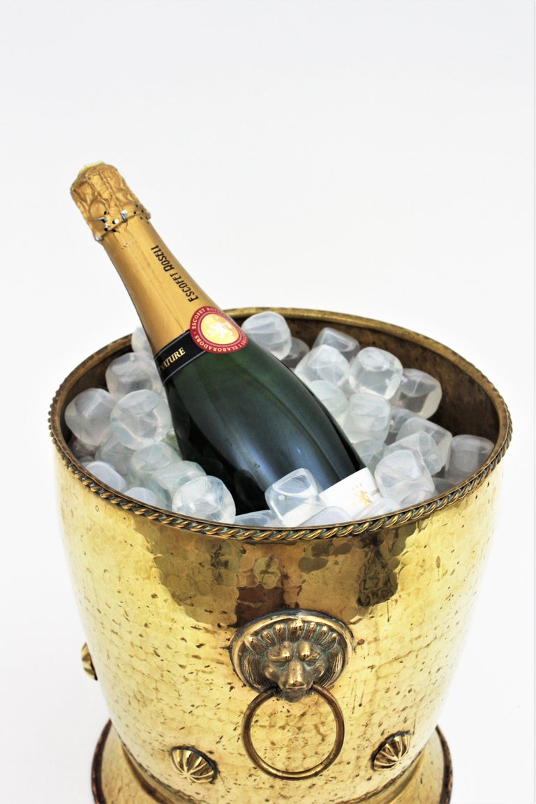 French Brass Champagne Cooler Ice Bucket with Lion Heads at 1stDibs