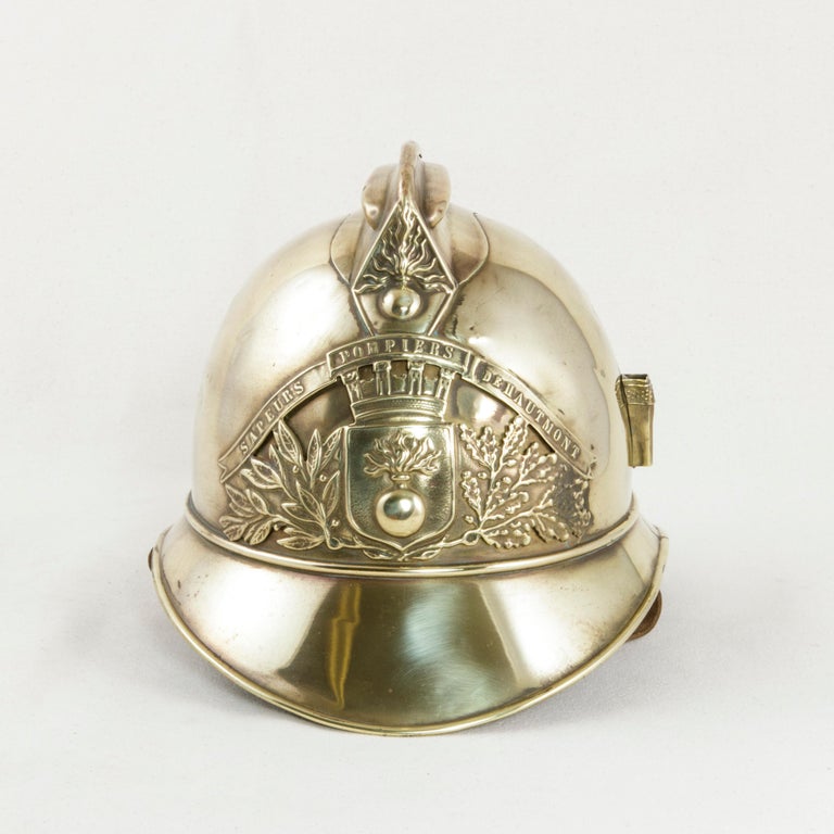 French Brass Fireman's Helmet with City Seal and Leather Interior ...