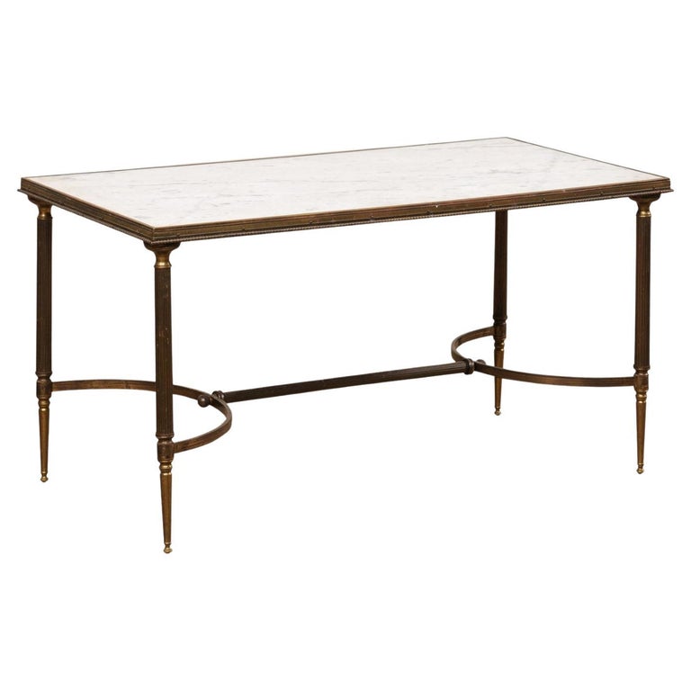 French Brass Neoclassical Style Rectangular Coffee Table w/Marble Top ...