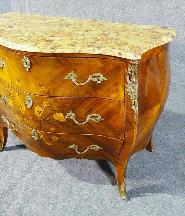 French Breche D' Alep Marble Top Inlaid Walnut Bombe Louis XV Commode ...