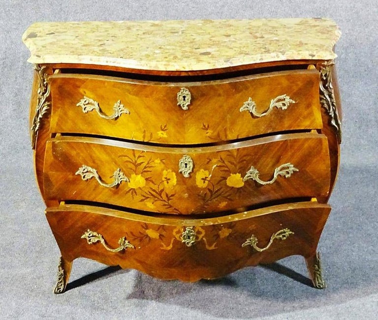 French Breche D' Alep Marble Top Inlaid Walnut Bombe Louis XV Commode ...