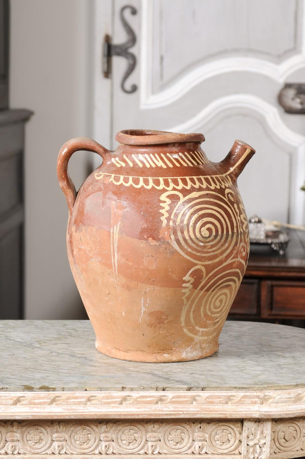 French Bressane 19th Century Glazed Pottery Jug with Glazed Geometric ...