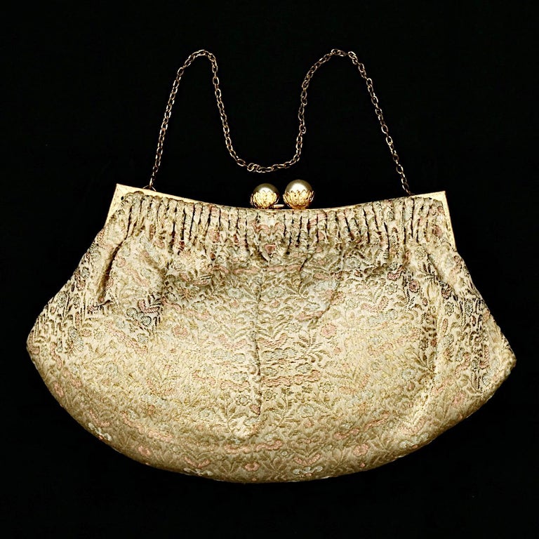 French Brocade and Faux Pearl Bag with Gold Plated Fittings For Sale at ...