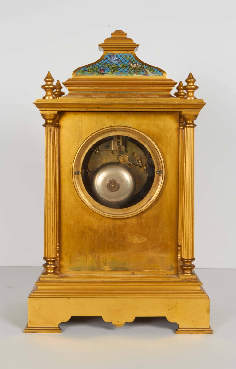 French Bronze and Champleve Cloisonne Enamel Five-Piece Clock Garniture ...