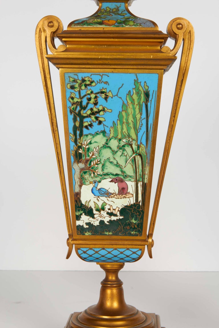 French Bronze and Champleve Cloisonne Enamel Five-Piece Clock Garniture ...