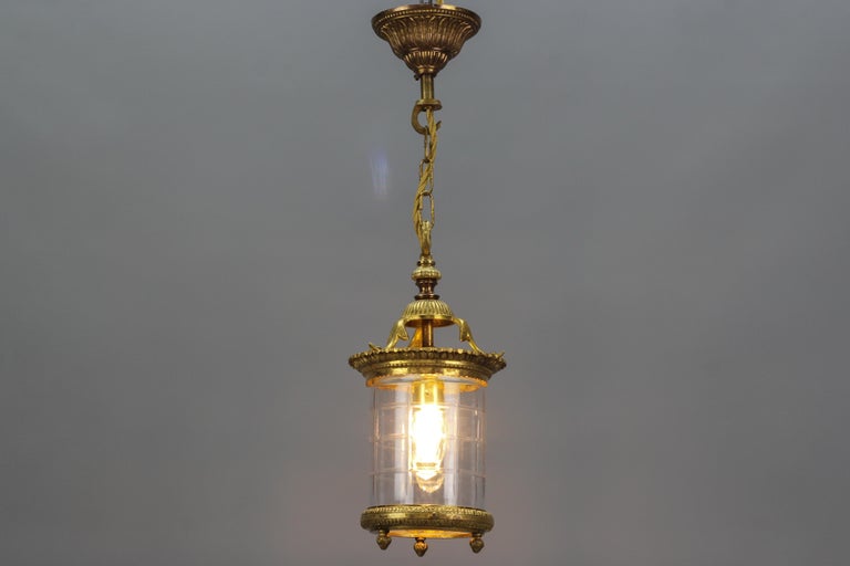 French Bronze and Cut Clear Glass Round Hanging Lantern For Sale at 1stDibs