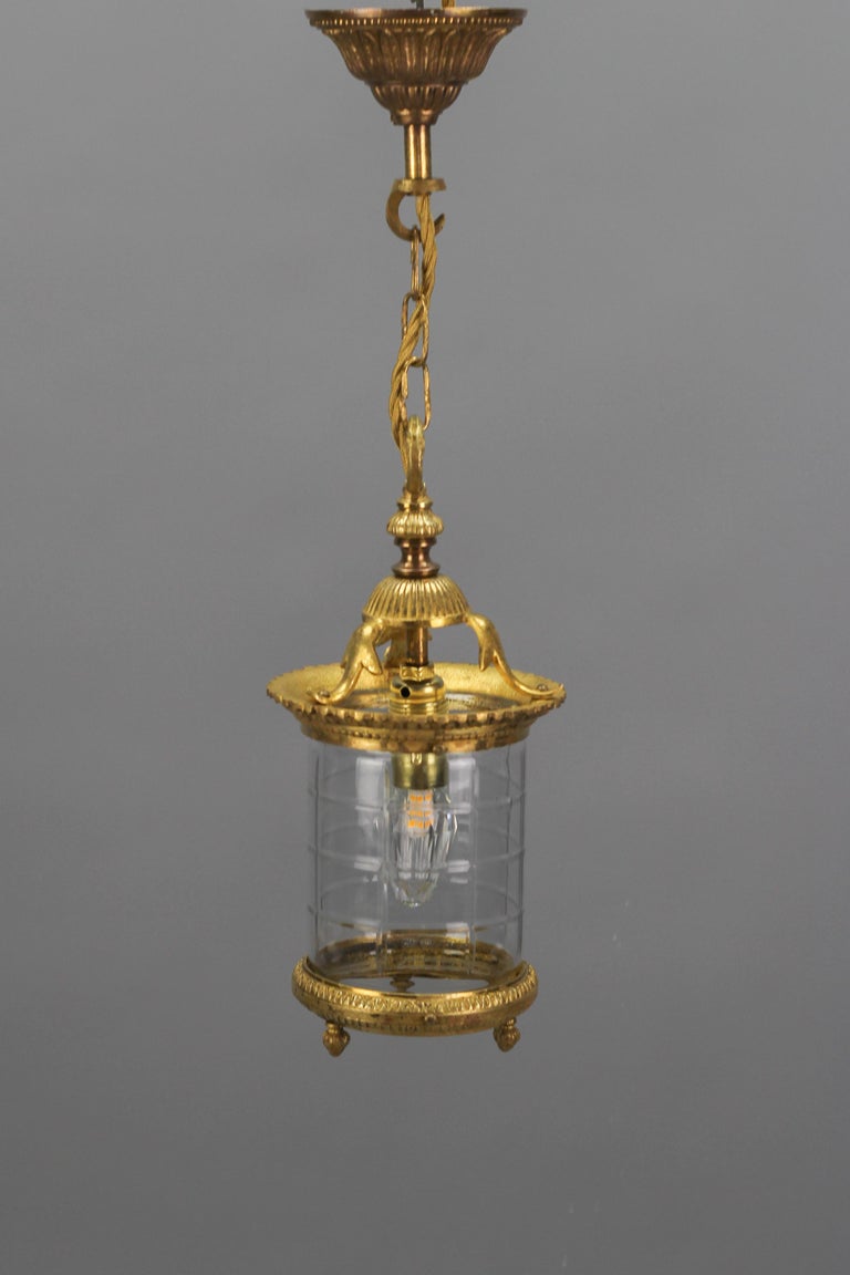 French Bronze and Cut Clear Glass Round Hanging Lantern For Sale at 1stDibs