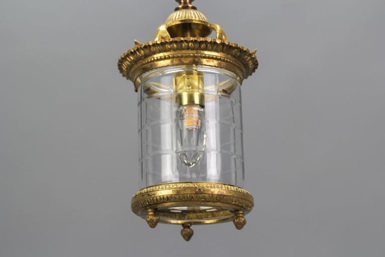 French Bronze and Cut Clear Glass Round Hanging Lantern For Sale at 1stDibs
