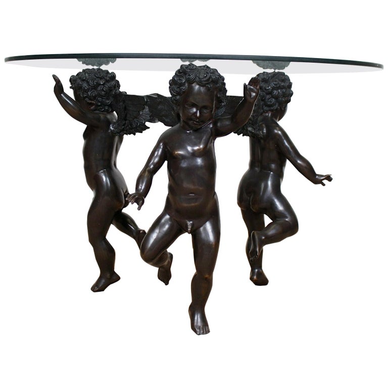 French Bronze Glass Cherub Coffee Table Circular For Sale at 1stDibs