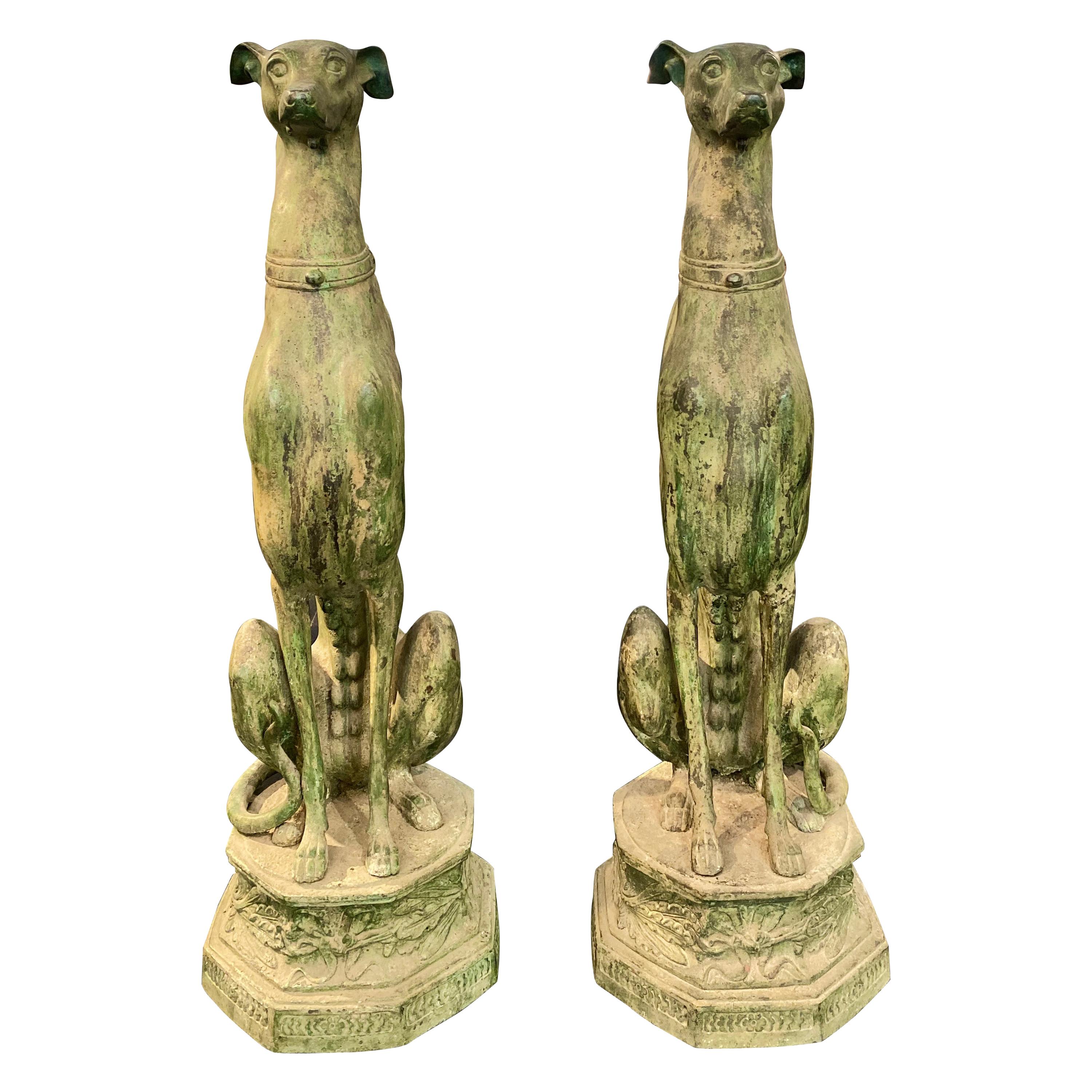 Pair of Midcentury French Patinated Bronze Greyhound Dog Sculptures at ...