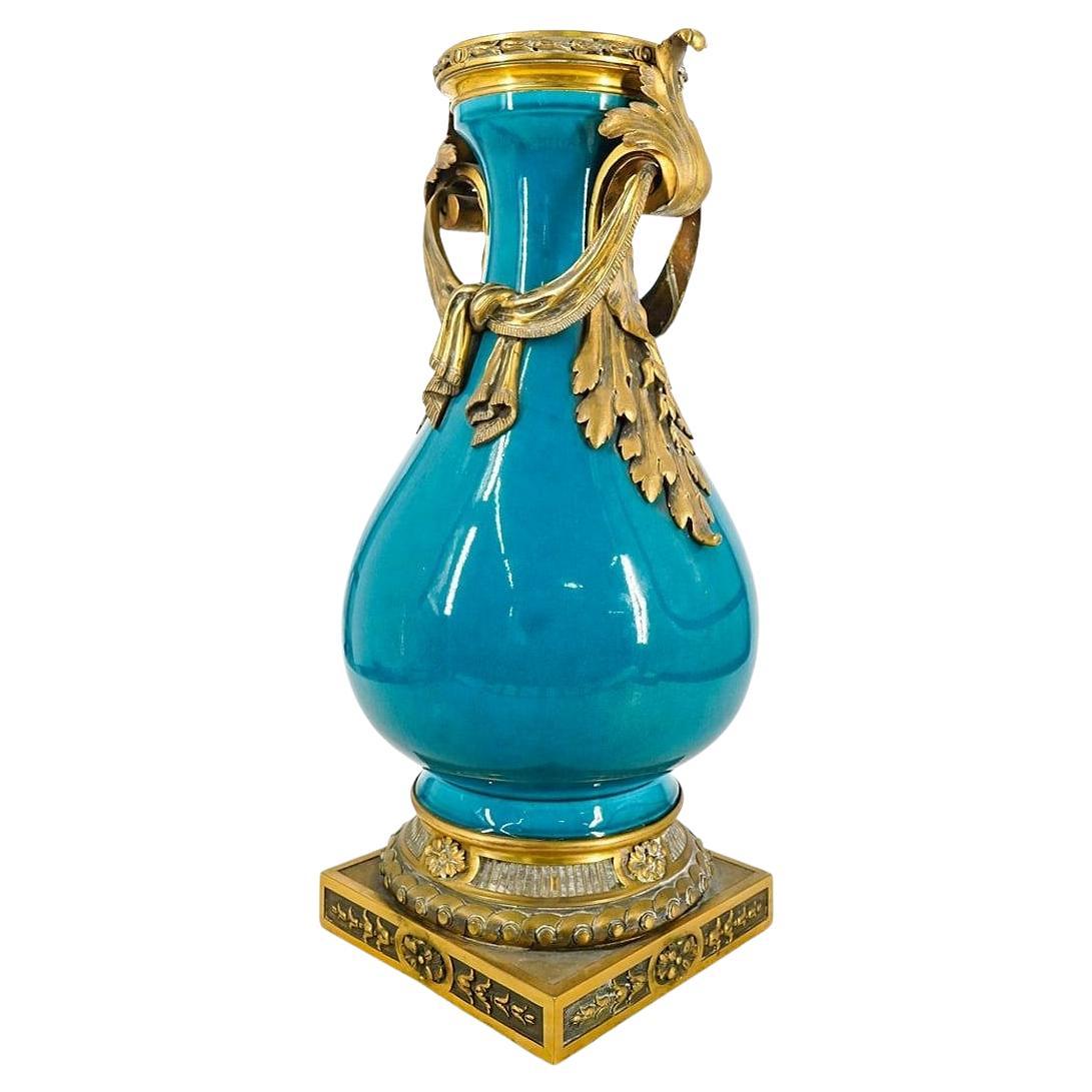 French Bronze Mounted Porcelain Vase with Bleu Celeste Glaze For Sale ...
