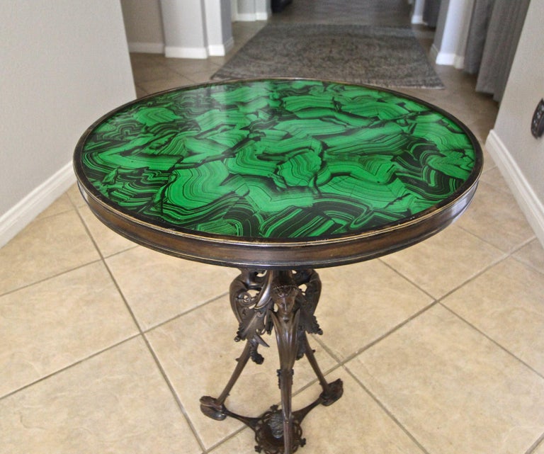 French Bronze Neoclassic Faux Malachite Side Table For Sale at 1stDibs
