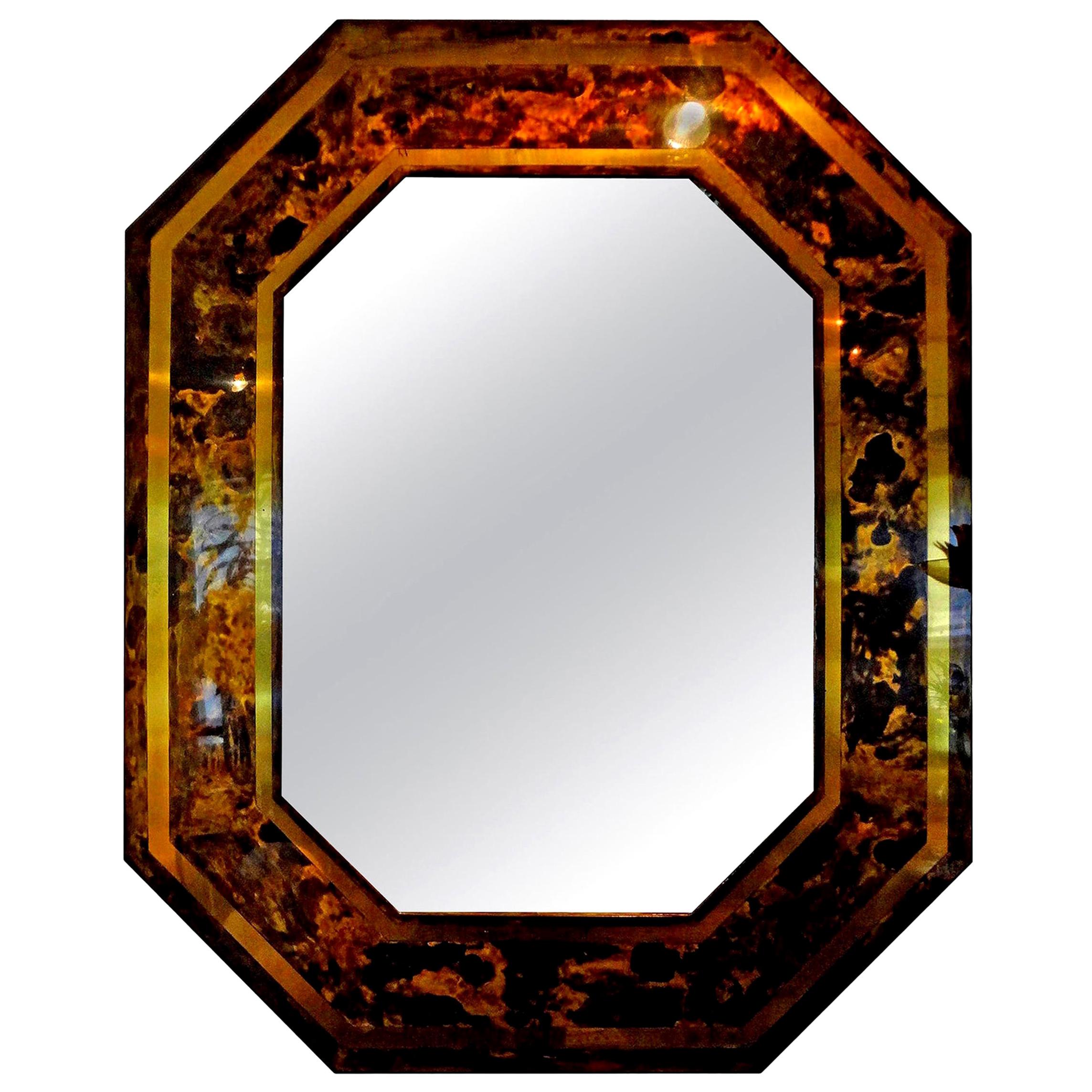 French Bronze Octagonal Tortoise Shell Pattern Mirror Attributed to ...