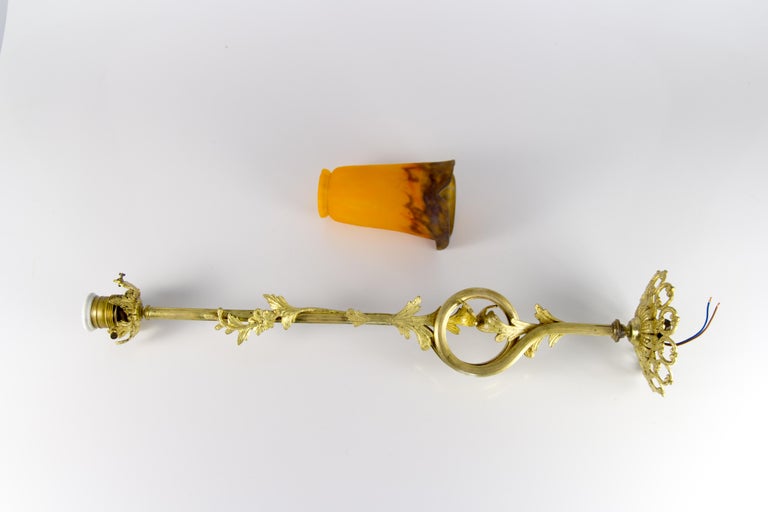 French Bronze Pendant Light Fixture with Glass Lampshade Signed by ...