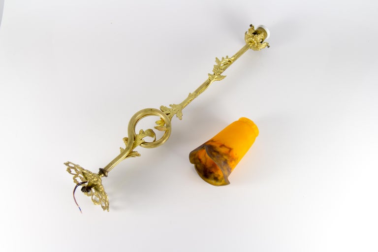 French Bronze Pendant Light Fixture with Glass Lampshade Signed by ...