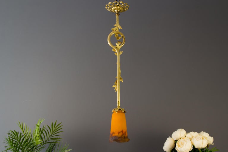 French Bronze Pendant Light Fixture with Glass Lampshade Signed by ...