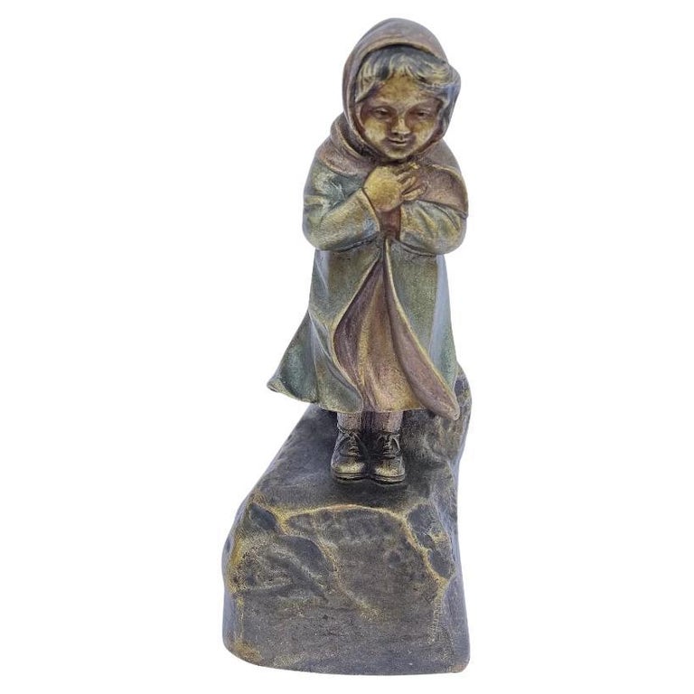 French Bronze Statue of Girl Signed Cold Painted For Sale at 1stDibs