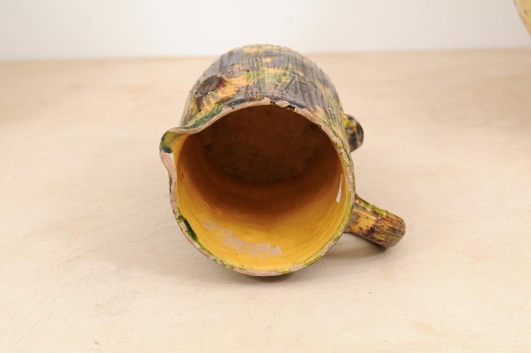 French Brown Glazed Pottery Pitcher with Yellow and Green Textured ...