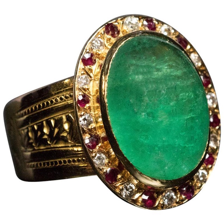 French Cabochon Cut Emerald Diamond Ruby Gold Ring, 1950s at 1stDibs