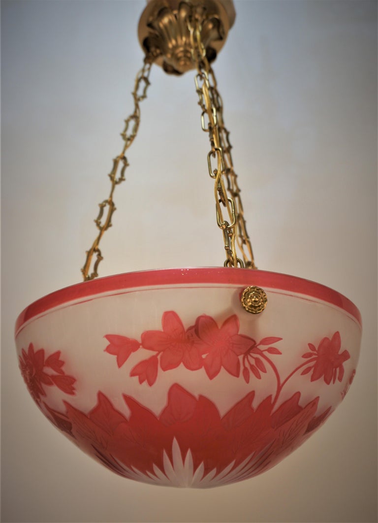French Cameo Glass and Bronze Chandelier For Sale at 1stDibs
