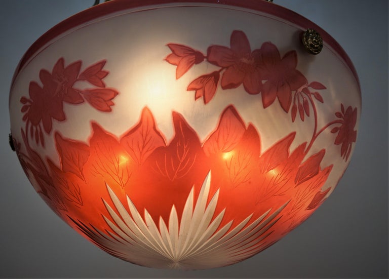 French Cameo Glass and Bronze Chandelier For Sale at 1stDibs