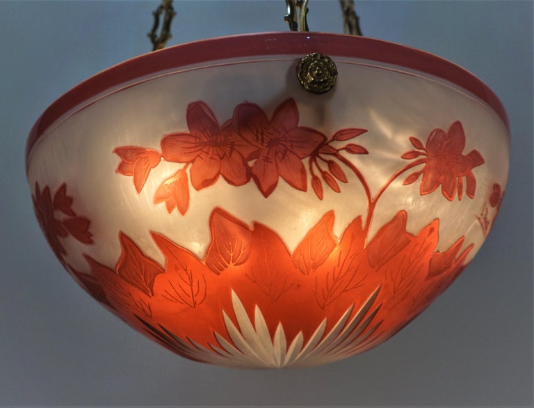 French Cameo Glass and Bronze Chandelier For Sale at 1stDibs