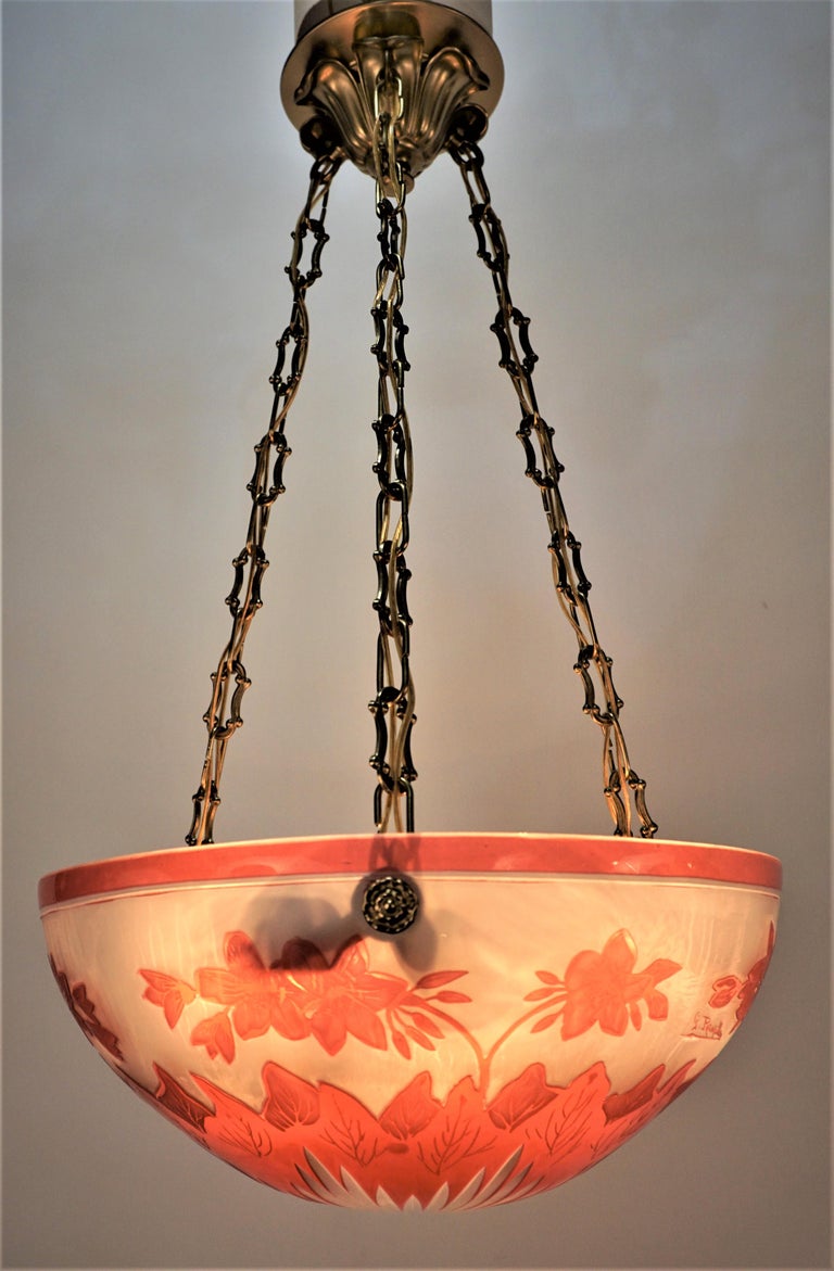 French Cameo Glass and Bronze Chandelier For Sale at 1stDibs