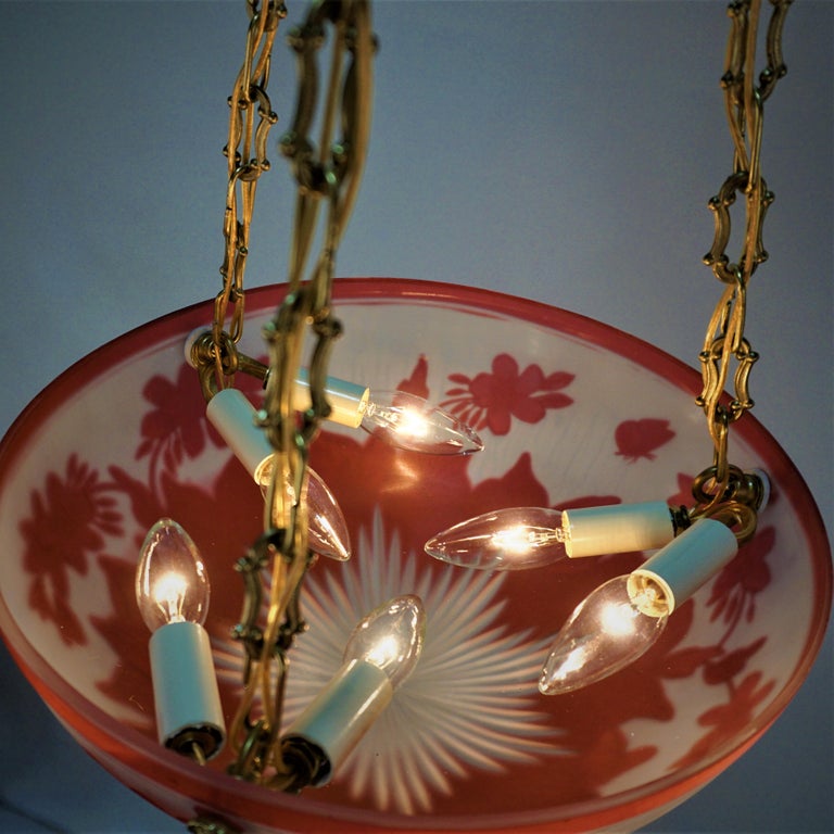 French Cameo Glass and Bronze Chandelier For Sale at 1stDibs