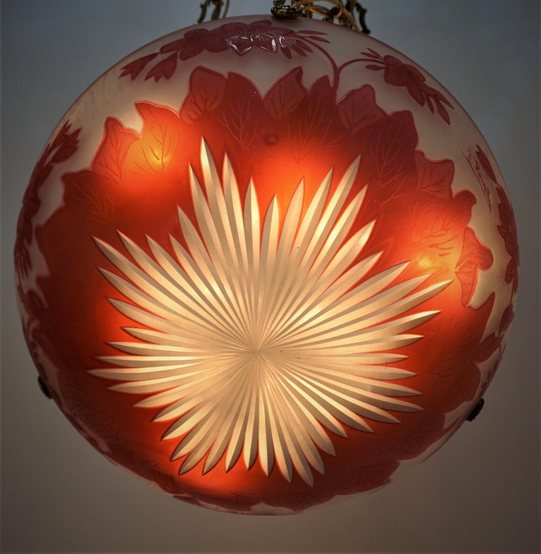 French Cameo Glass and Bronze Chandelier For Sale at 1stDibs
