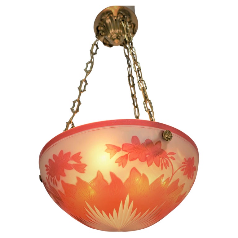 French Cameo Glass and Bronze Chandelier For Sale at 1stDibs