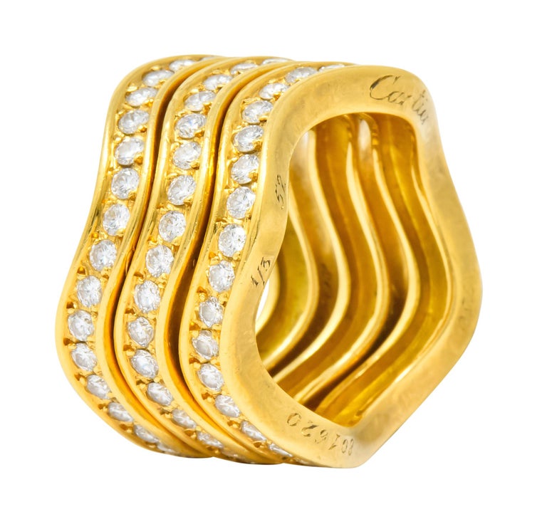 French Cartier 1.56 Carat Diamond 18 Karat Gold Wave Triple Band Stack ...